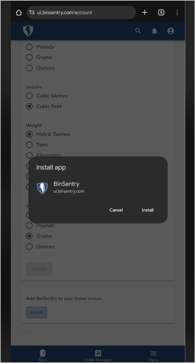 How do I set up BinSentry on my phone?